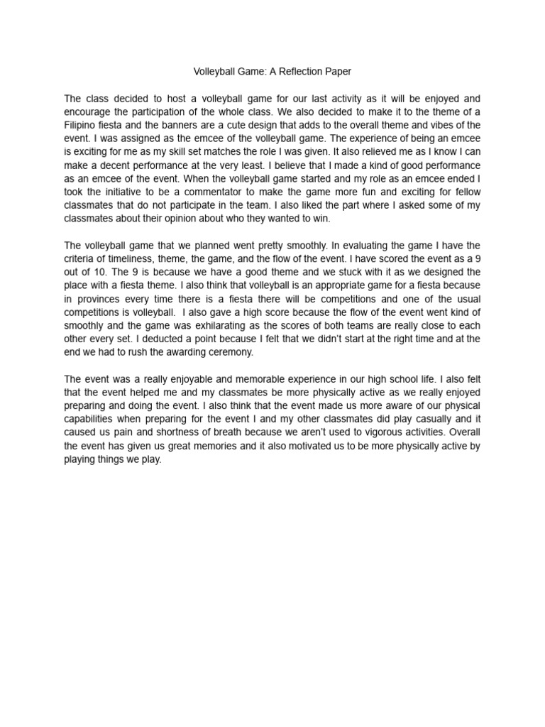 Volleyball Game Reflection Essay | PDF | Language Arts & Discipline