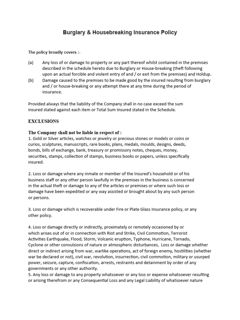 Burglary & Housebreaking Insurance Policy | PDF | Burglary | Insurance
