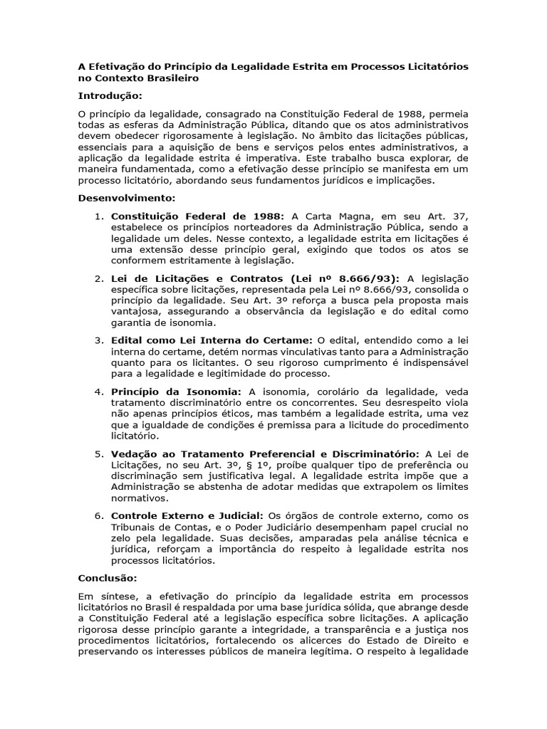 A Efetivação Do Princípio Da Legalidade Estrita em Processos ...