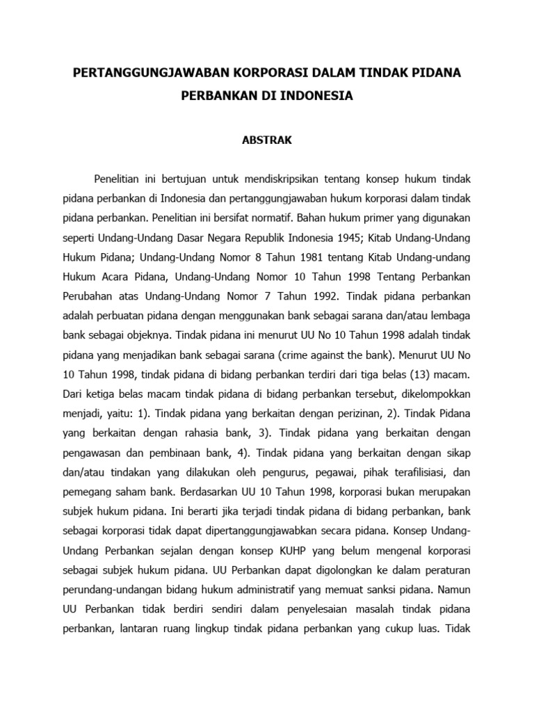 Pertanggungjawaban Korporasi Dalam Tindak Pidana Perbankan Di Indonesia ... Pertanggungjawaban Korporasi Dalam Tindak Pidana Perbankan Di Indonesia ...