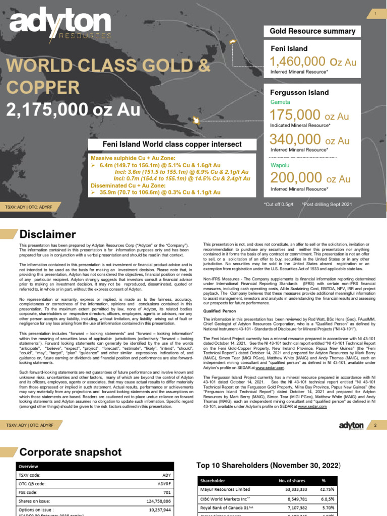 Adyton Presentation Dec2022 | PDF | Papua New Guinea | Mining