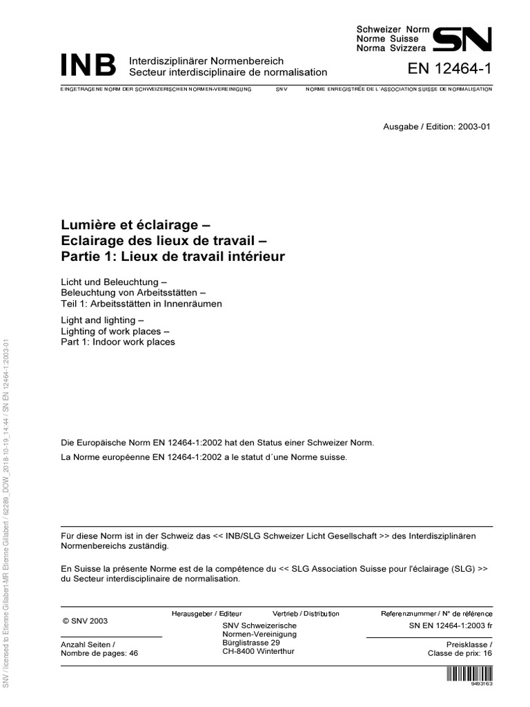 Norme EN 12464-1 : Éclairage intérieur | PDF | Lumière | Radiation ...