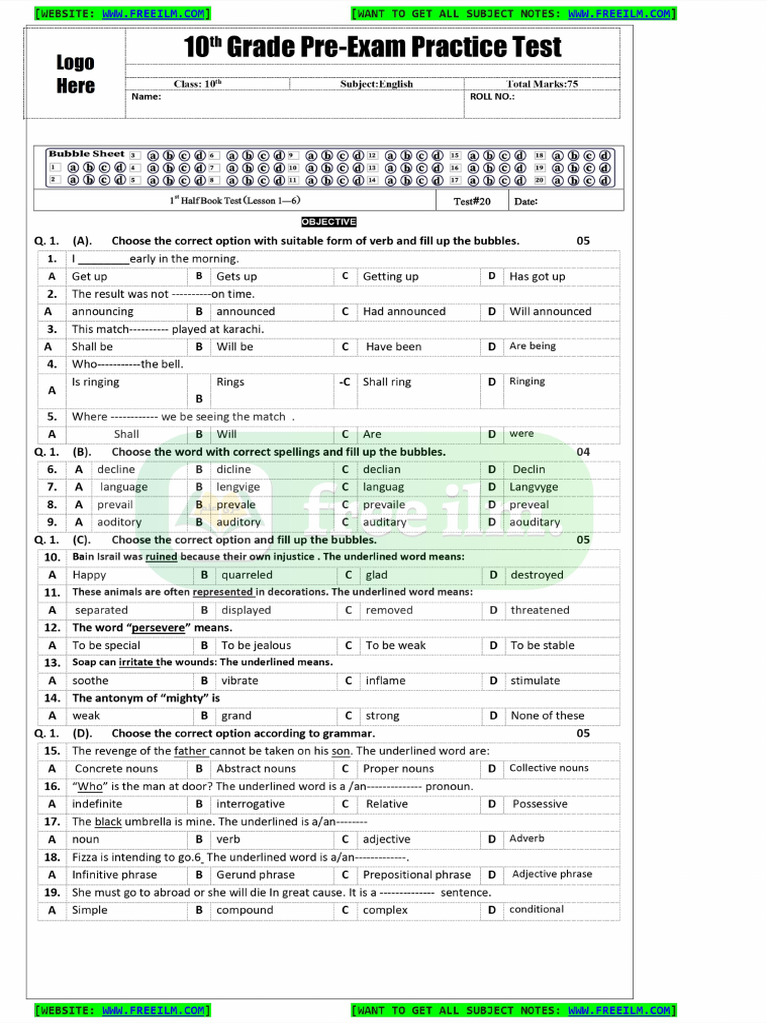 10th English Test Paper 20 | PDF