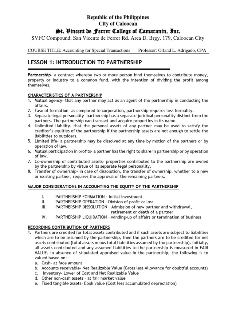 Lesson 1. Introduction To Partnership | PDF | Partnership | Book Value Lesson 1. Introduction To Partnership | PDF | Partnership | Book Value