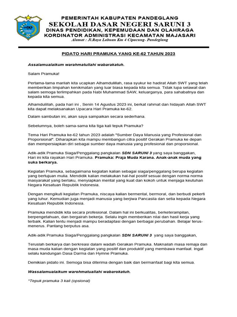 Pidato Hari Pramuka Yang Ke-62 | PDF