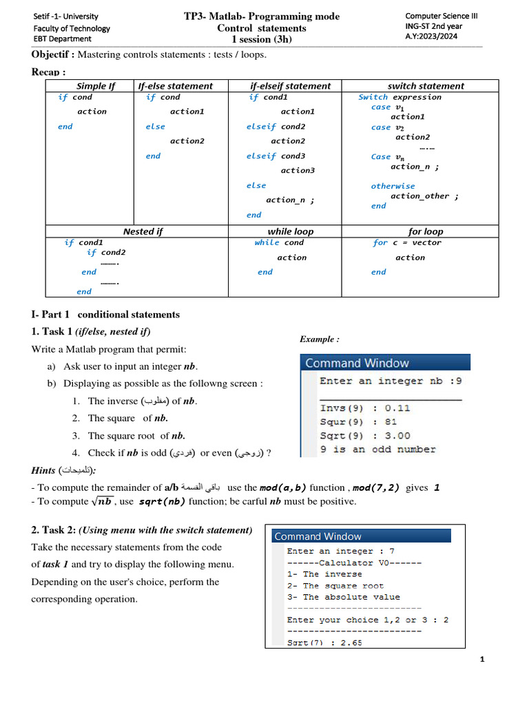 Tp3-Matlab Control Statement | PDF | Control Flow | Matlab