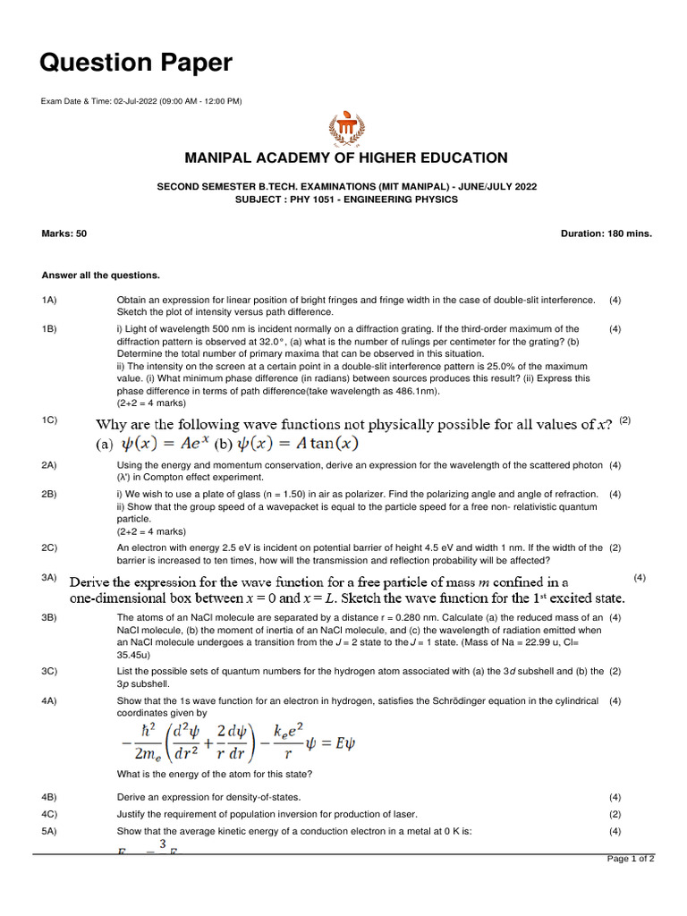 Question Paper: Manipal Academy of Higher Education | PDF | Atoms ...