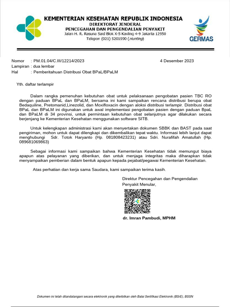 Verbal 12214 Pemberitahuan Distribusi Obat BPaL BPaLM | PDF