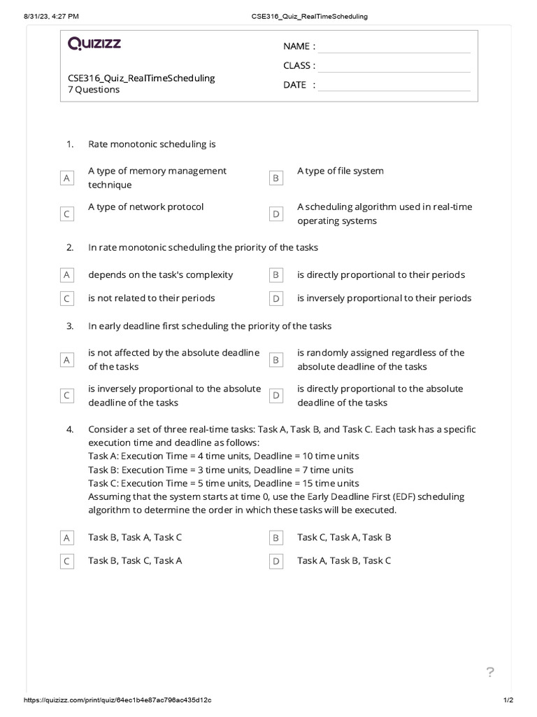 10 Cse316 Quiz Realtimescheduling Pdf Scheduling Computing Algorithms And Data Structures 