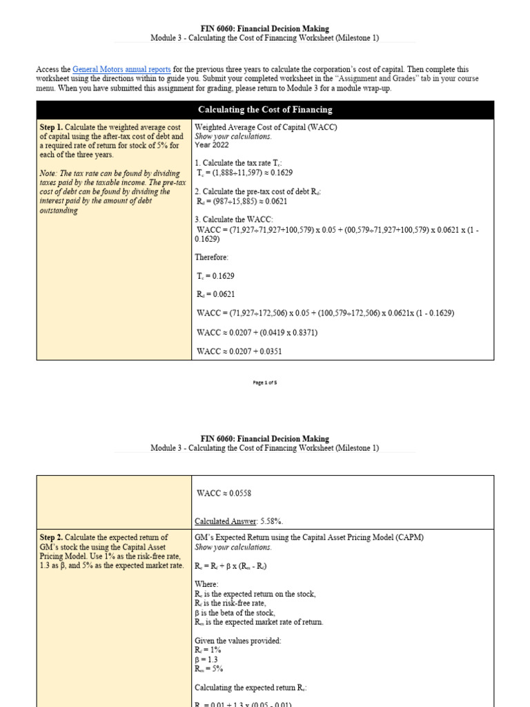 FIN 6060 Module 3 Worksheet (Milestone 1) | PDF | Beta (Finance) | Financial Risk