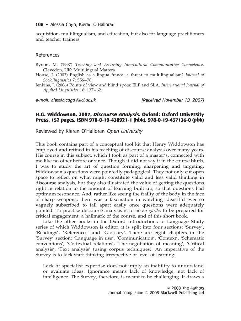 Discourse Analysis by HG Widdowson | PDF | Discourse | Linguistics