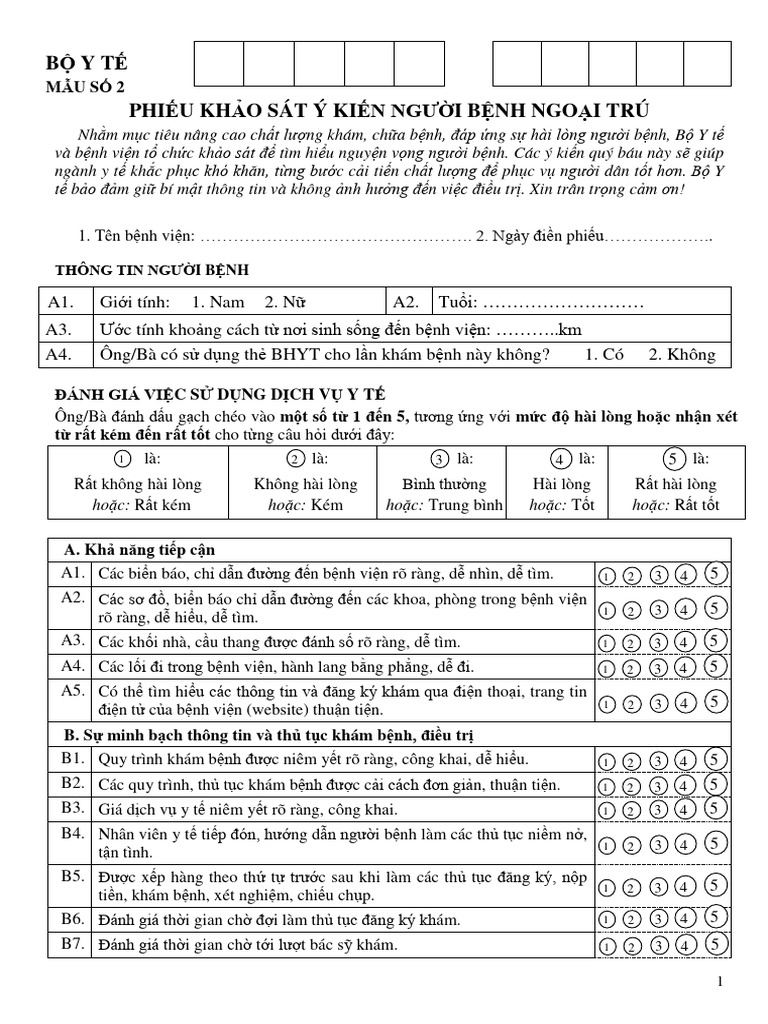 Mau Phieu 2 - Khao Sat Hai Long Benh Ngoai Tru | PDF