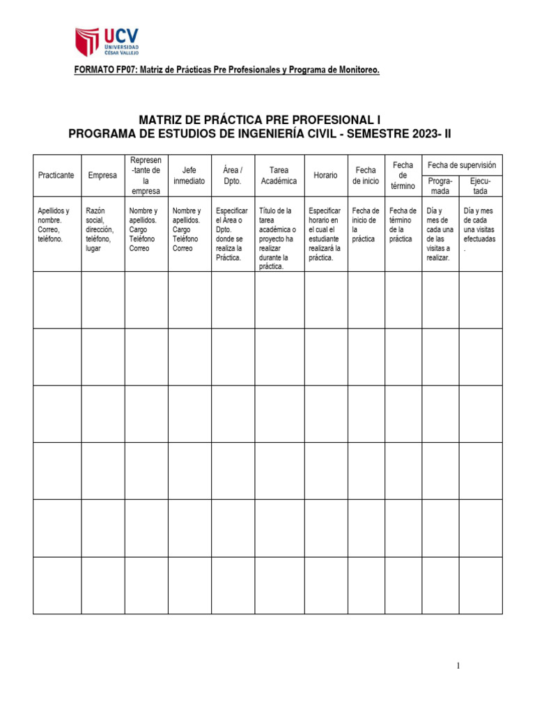 FORMATO FP07 - Matriz de Prácticas Pre Profesionales y Programa de Monitoreo. SUSANLISSETH GOMEZ ...