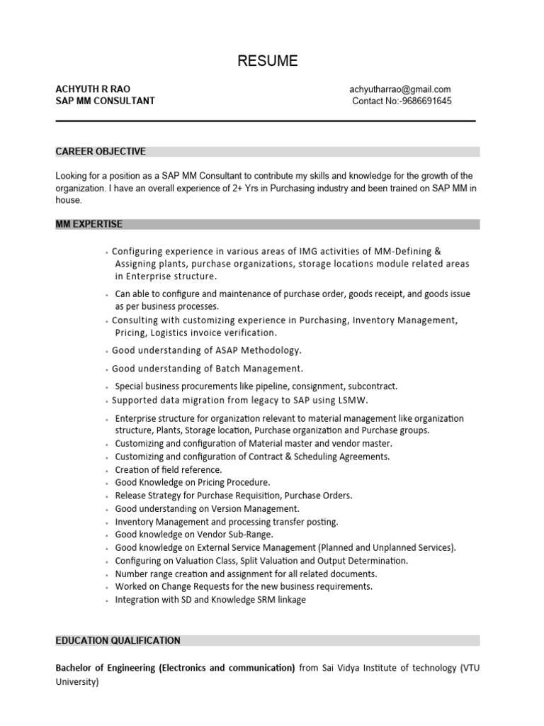 Sap MM Resume | PDF | Consultant | Business