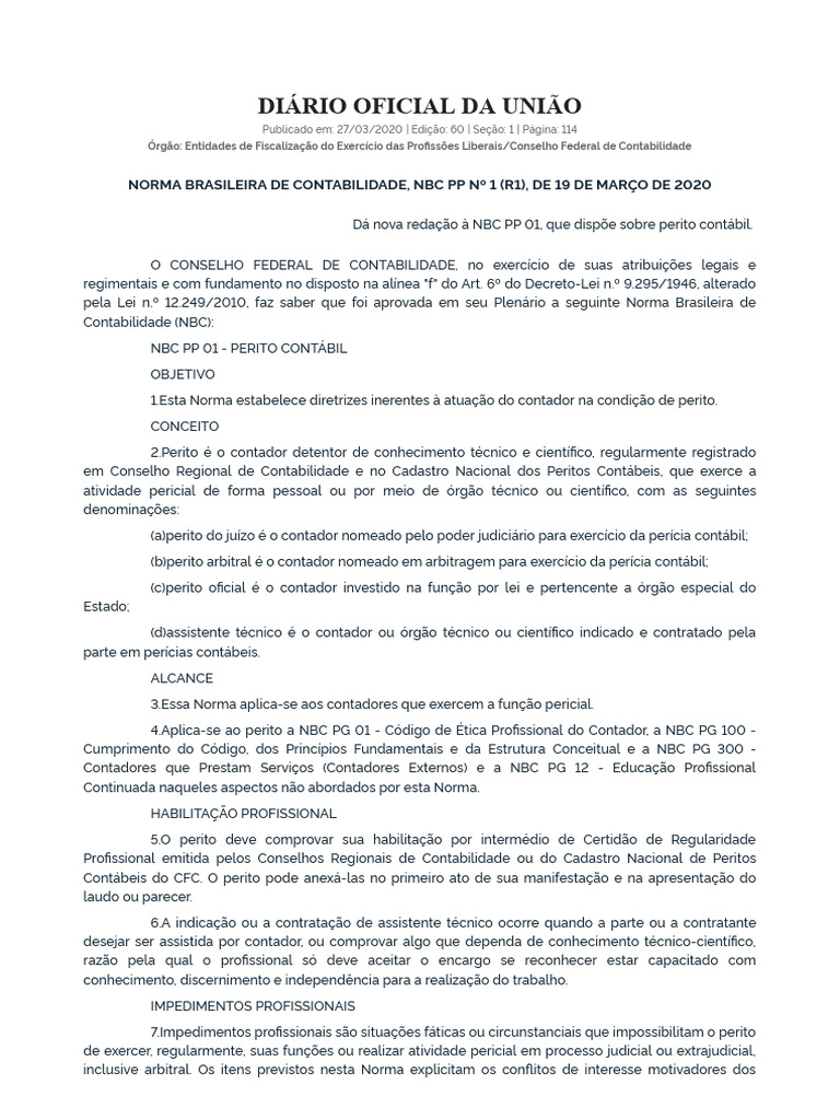 Norma Brasileira de Contabilidade NBC PP #1 de 19 de Març o de 2020 ...