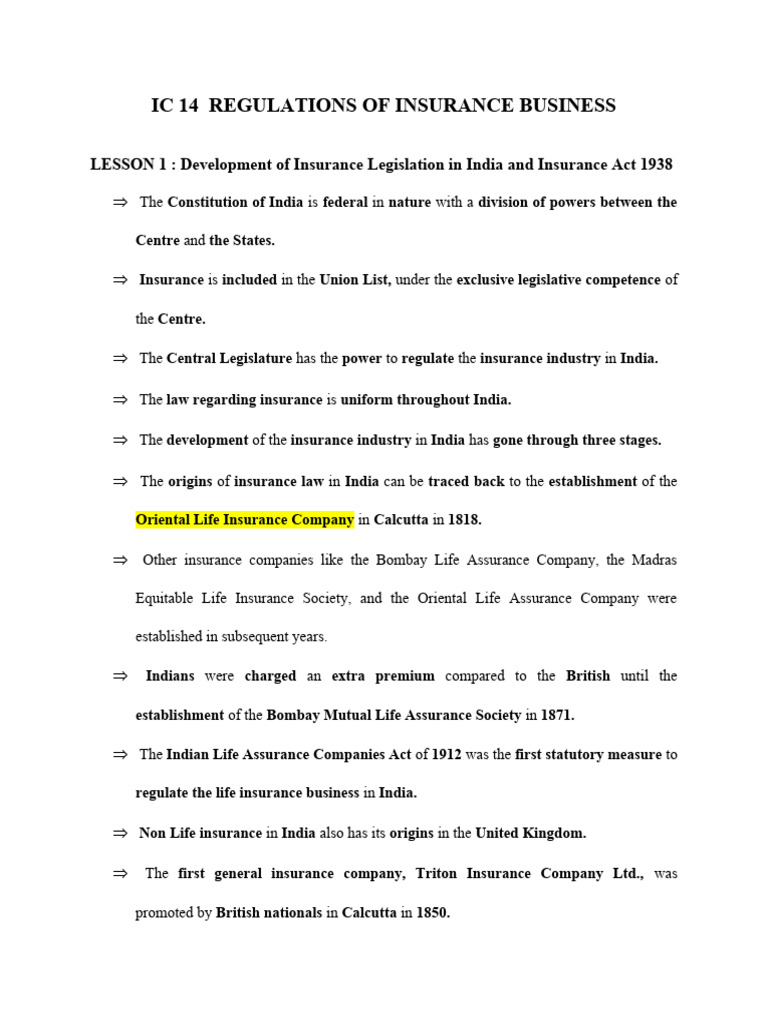 Ic 14 Regulations of Insurance Business - Notes | PDF | Insurance ...