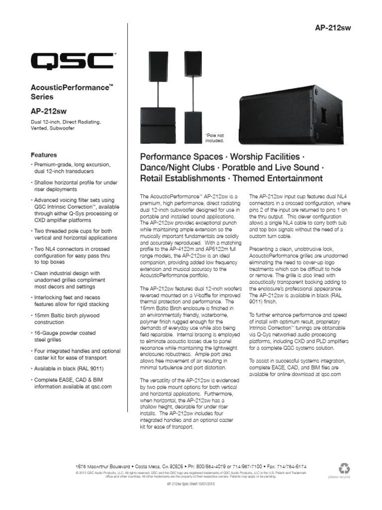 Q SPK Ap 212sw Specs | PDF | Loudspeaker | Electronic Engineering