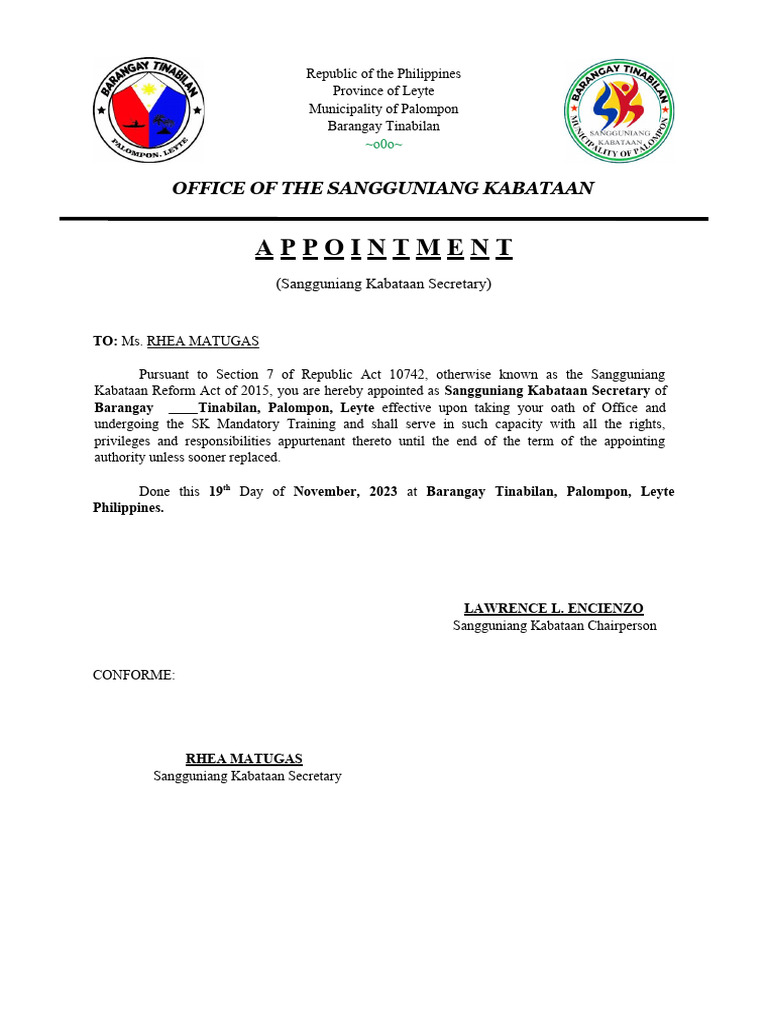 Appointment of SK Secretary in Leyte | PDF