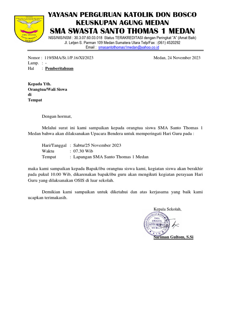 Surat Pemberitahuan Hari Guru 2023 | PDF