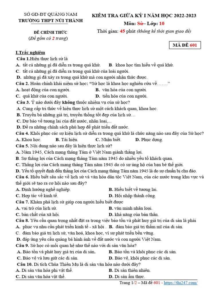 De Giua Ky 1 Lich Su 10 Nam 2022 2023 Truong THPT Nui Thanh Quang Nam | PDF