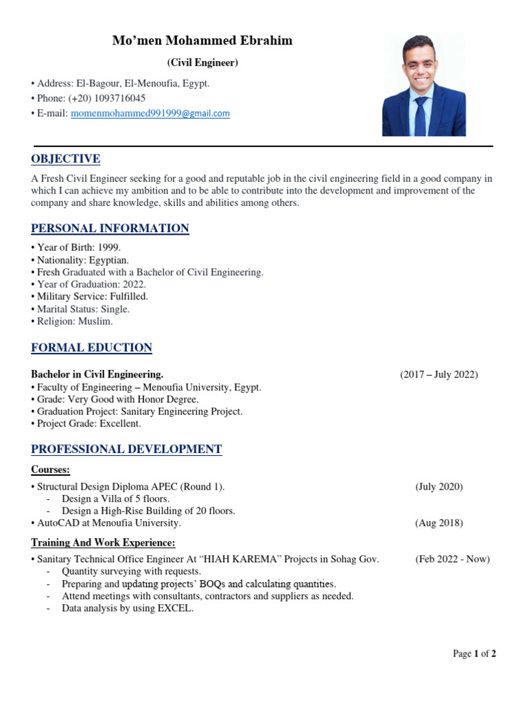 Mo'Men Mohammed Ebrahim - CV | Download Free PDF | Engineering | Civil Engineering