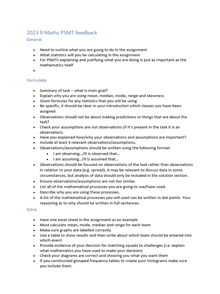 2023 Year 9 PSMT Draft Feedback | PDF | Mean | Statistics