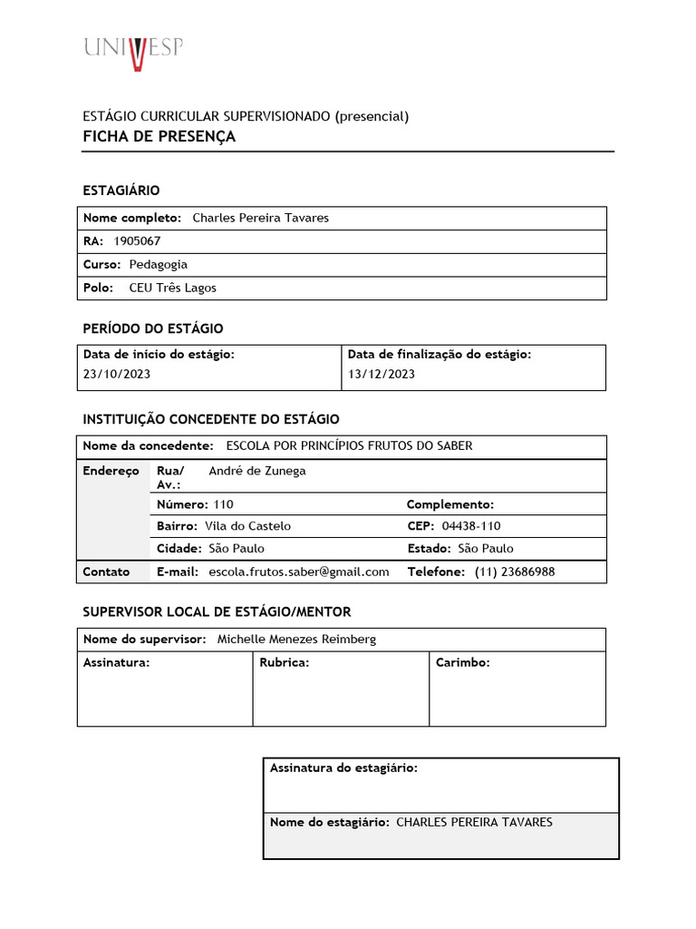 Ficha de Presença - Estágio Docência - Charles Tavares - Educação ...