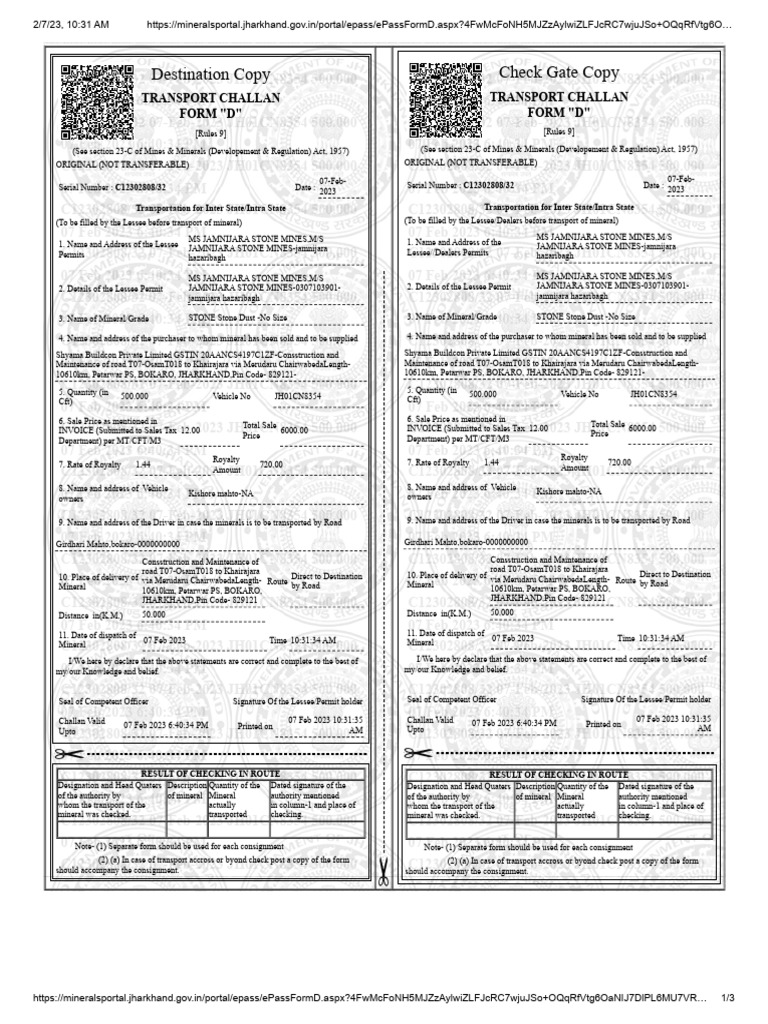 Destination Copy Check Gate Copy: Transport Challan Form "D" Transport ...