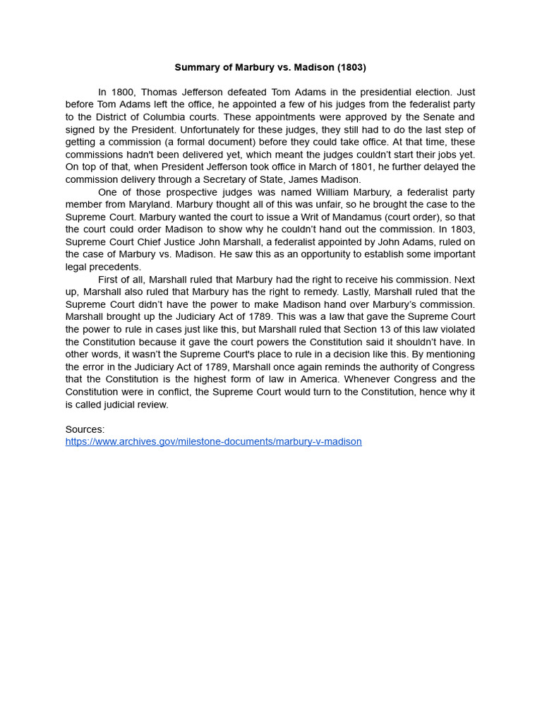 Marbury v. Madison Explained | PDF | Marbury V. Madison | Judiciaries