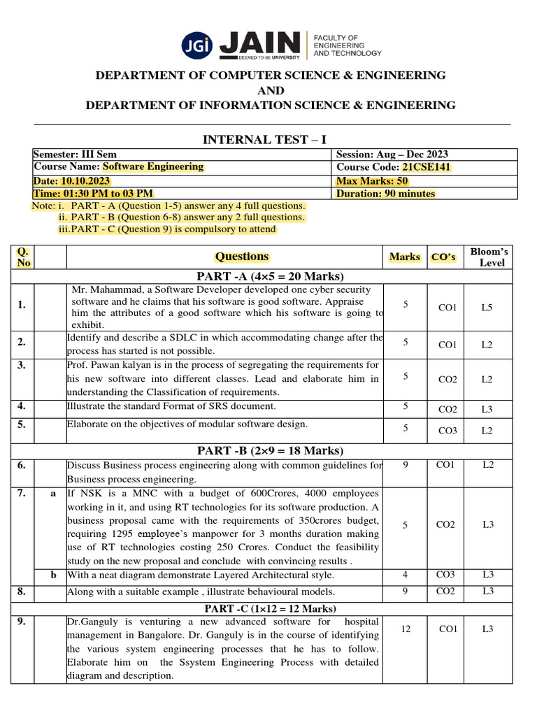 I A 1 QP Software Engineering - 22CSE141 3rd Sem Exam On 10 Oct 2023 | PDF | Engineering ...