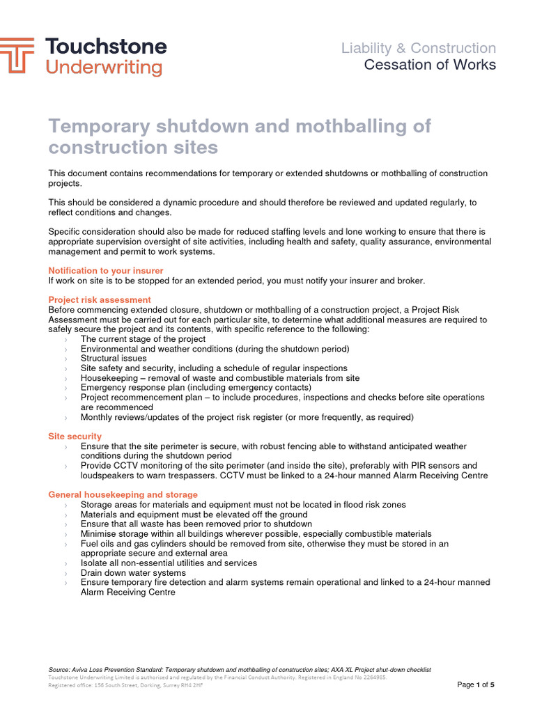 2020 Construction Shutdown Checklist Pdf Risk Insurance