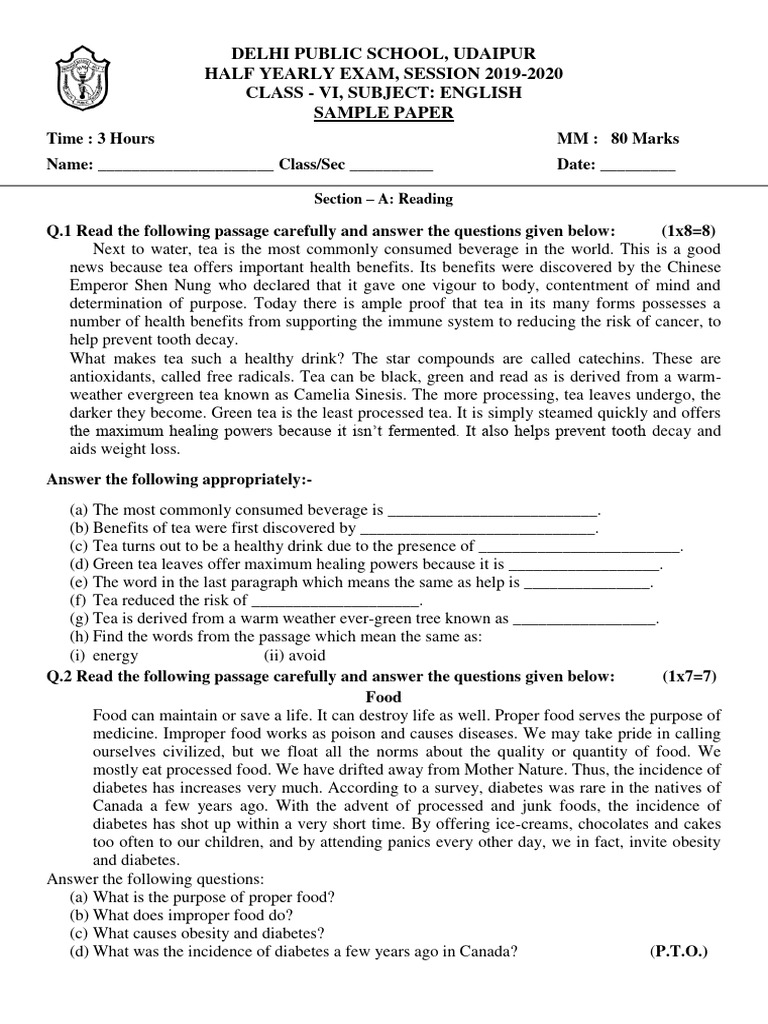 Class VI Sample Paper | PDF | Drink | Green Tea