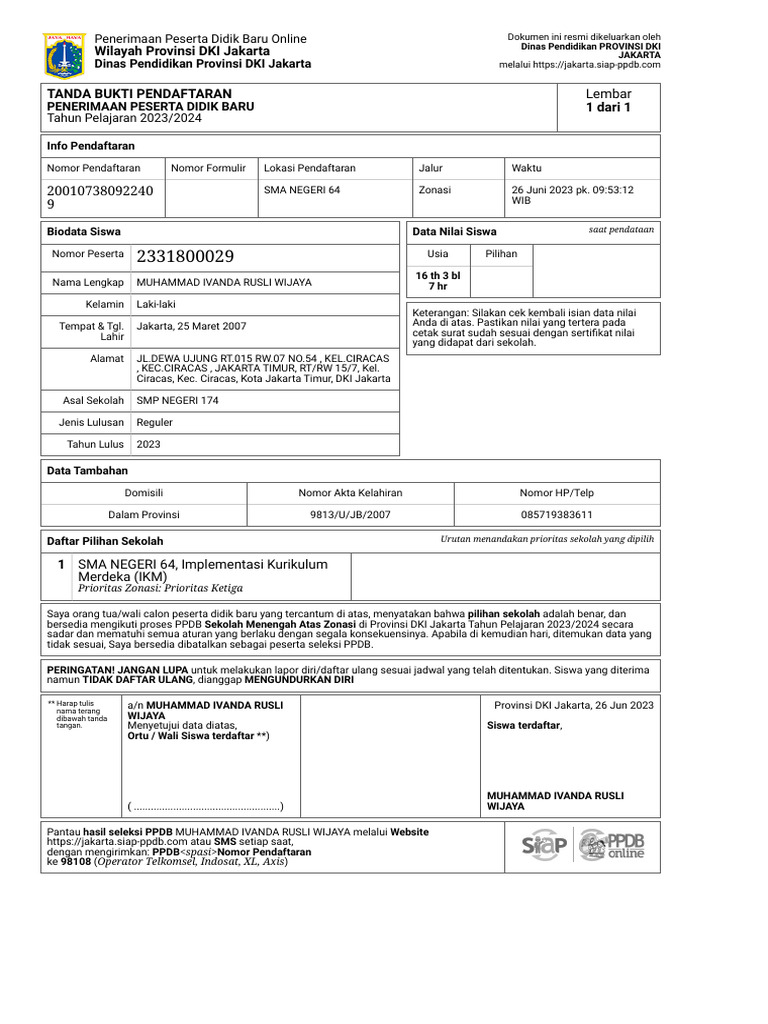 Tanda Bukti Pendaftaran - 2331800029 - MUHAMMAD IVANDA RUSLI WIJAYA | PDF