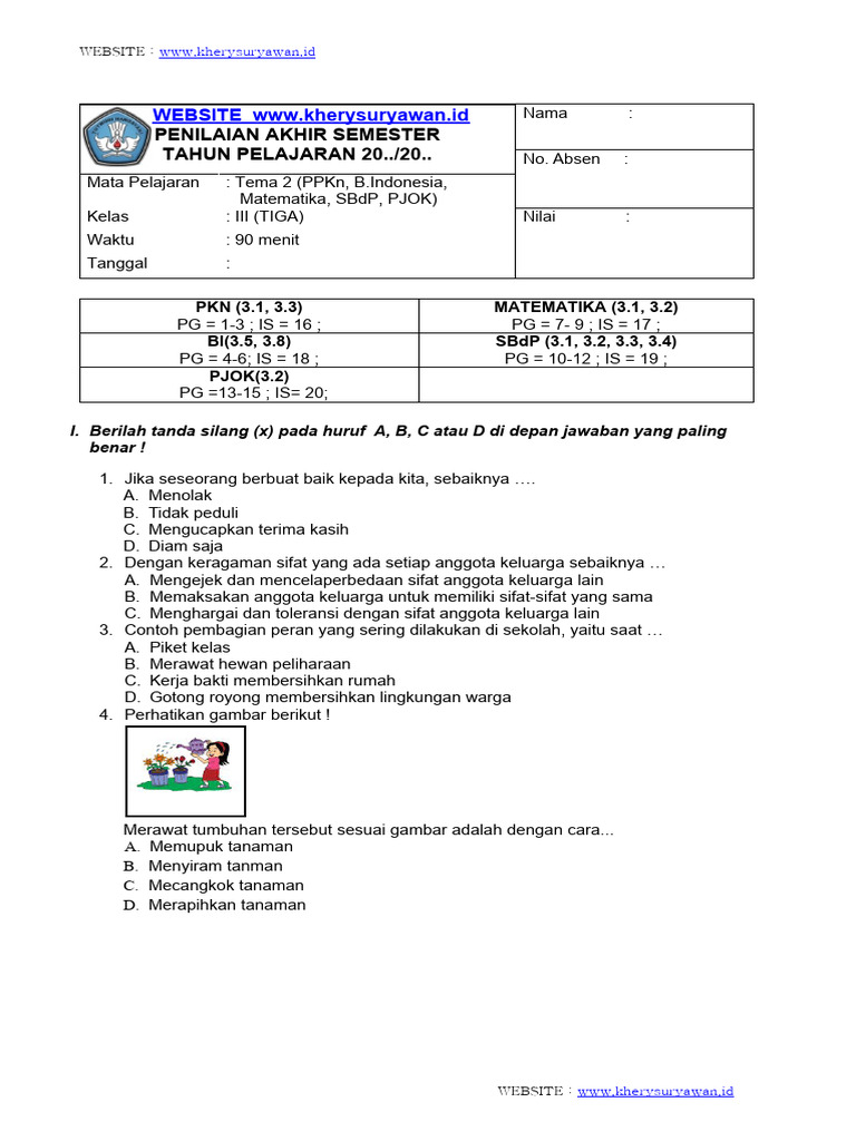 SOAL 7 Jawaban PAS KELAS 3 TEMA 2 Ver. 2 - WEBSITE WWW - Kherysuryawan.id | PDF
