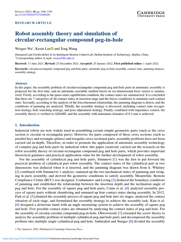Robot Assembly Theory and Simulation of Circular Rectangular Compound Peg in Hole | PDF ...