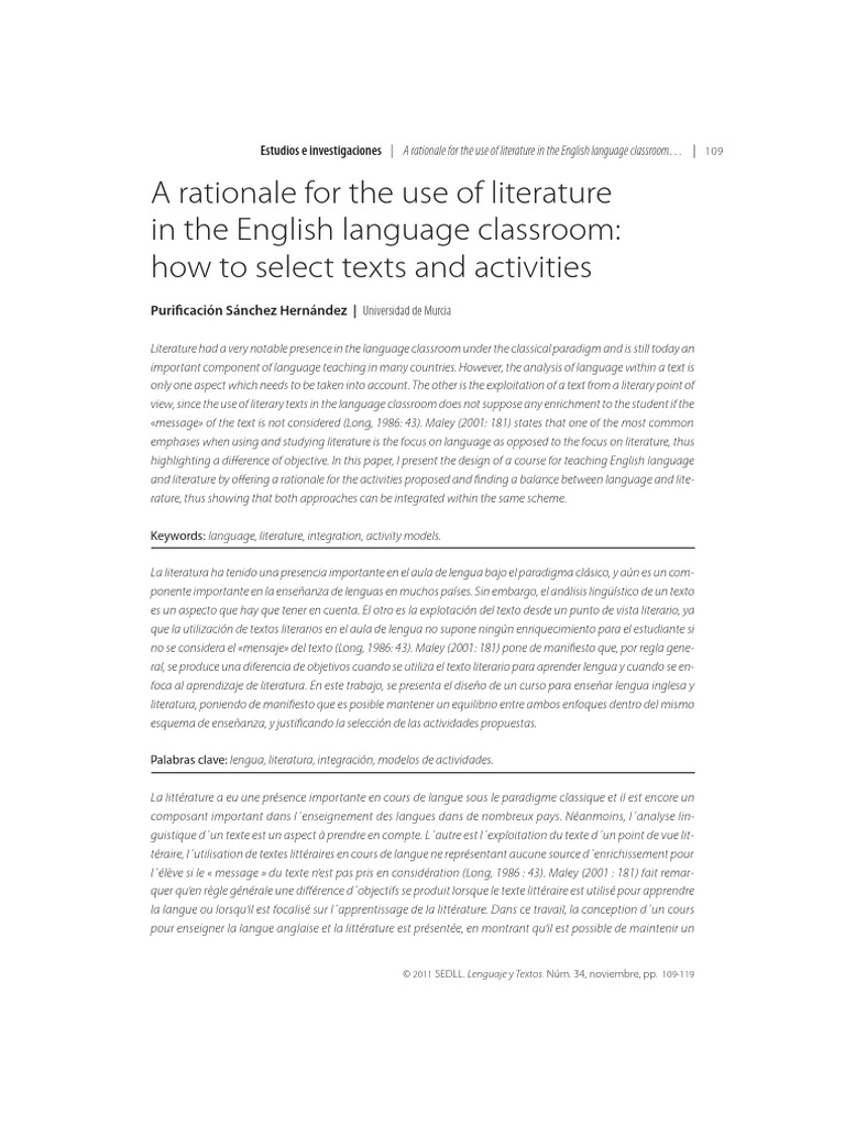 A Rationale For The Use of Literature in The English Language Classroom ...