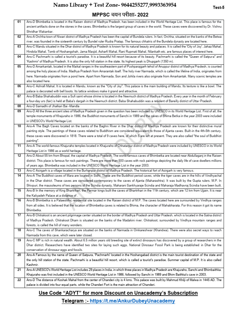 Answer Sheet Test-5 (MPPSC, English) | PDF