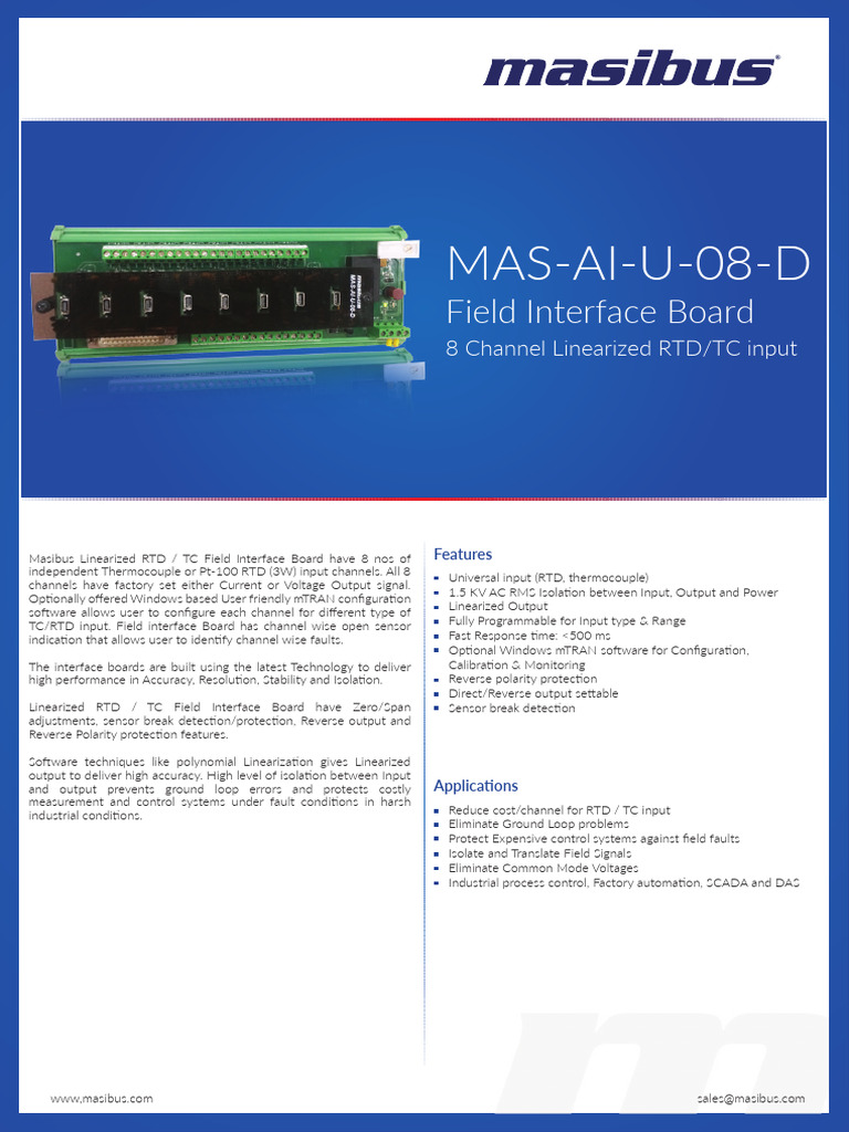 Masibus FIB MAS-AI-U-08-D - R0F - 0515 - Field Interface Board 8 CH Linearised RTD - TC Input ...