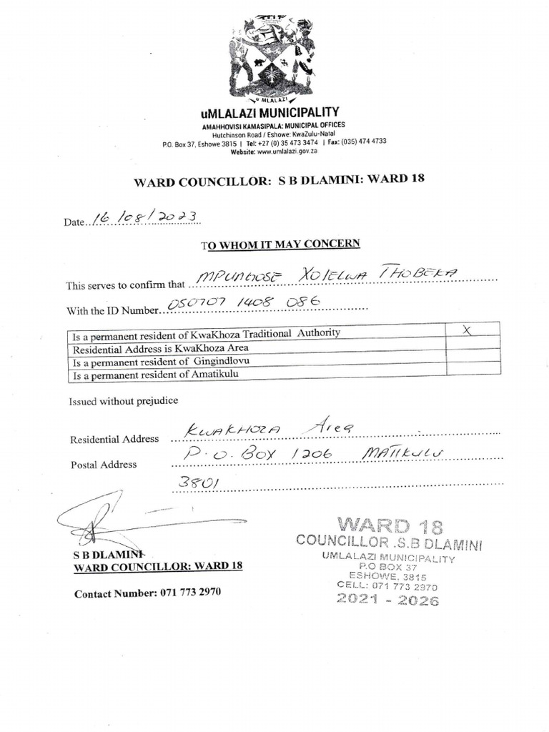 PROOF OF RESIDENCE XOLELWA | PDF