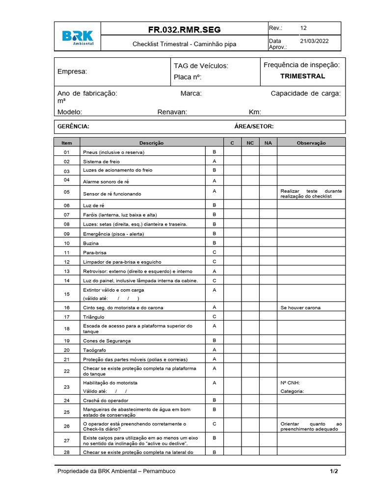 FR.032.RMR.seg.r12 Checklist Trimestral - Caminhao Pipa | PDF ...