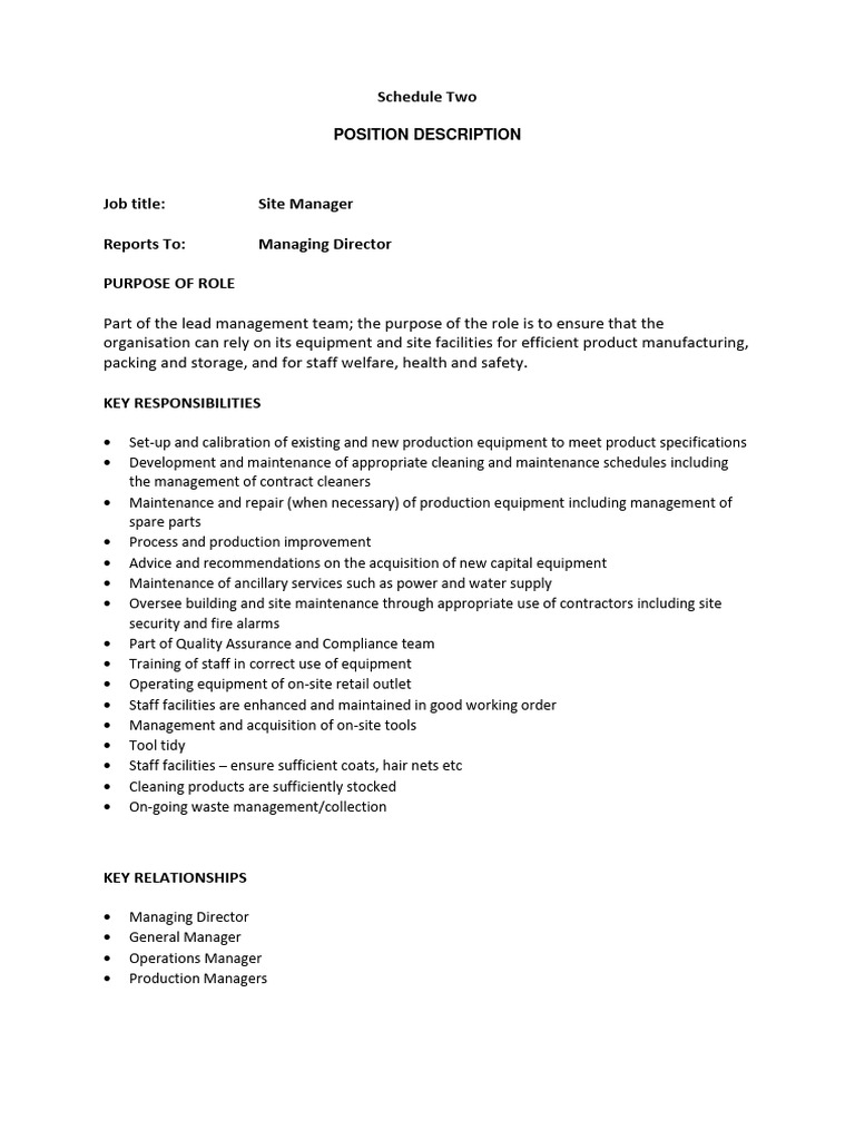 Site Manager Job Description | PDF | Food Safety | Occupational Safety ...