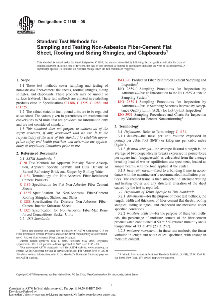 Sampling and Testing Non-Asbestos Fiber-Cement Flat Sheet, Roofing and ...