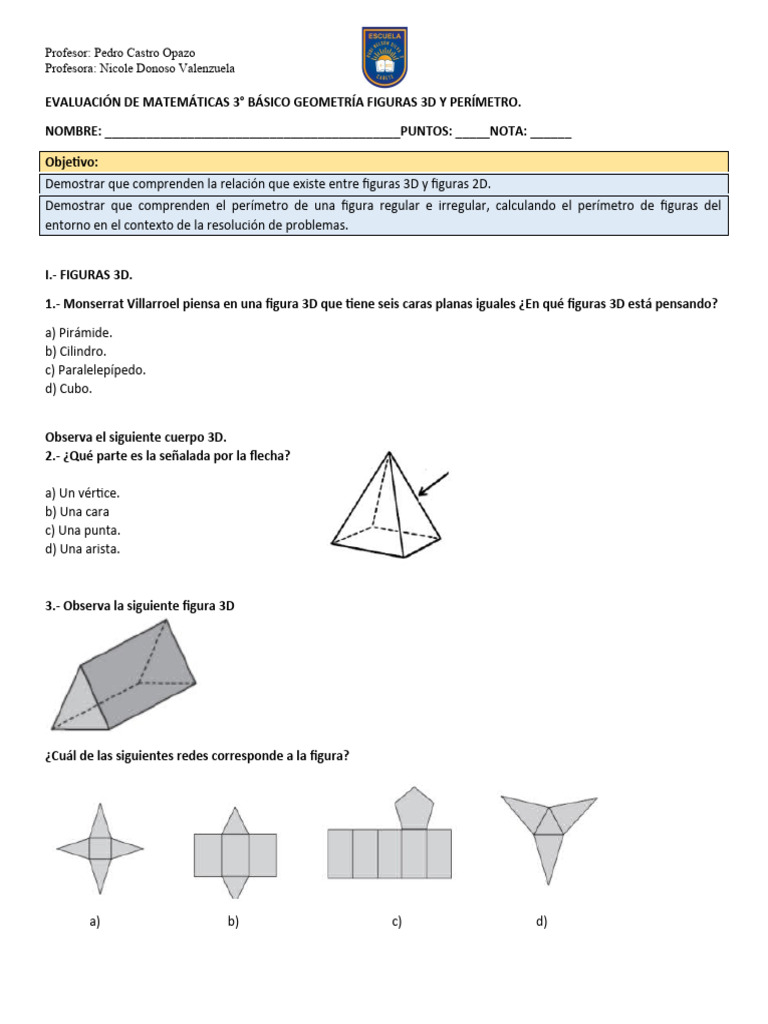 Evaluación de Figuras 3D 3° Básico. | PDF | Formas geométricas | Objetos geométricos