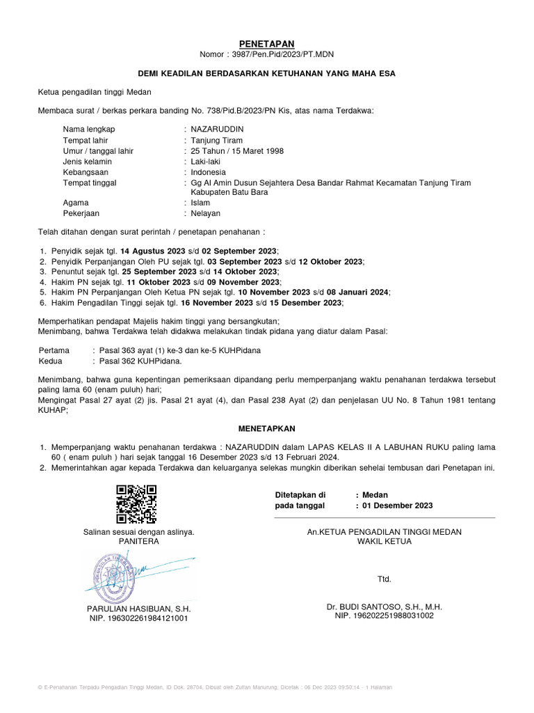 Salinan SuratPenetapanPasal27 NoPenetapan 3987 Pen - Pid 2023 PT - MDN | PDF