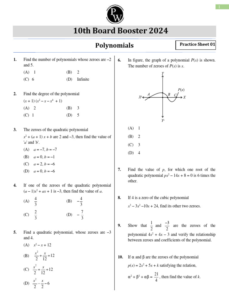 Polynomials - Practice Sheet 01 - (10th Board Booster 2024) | PDF ...