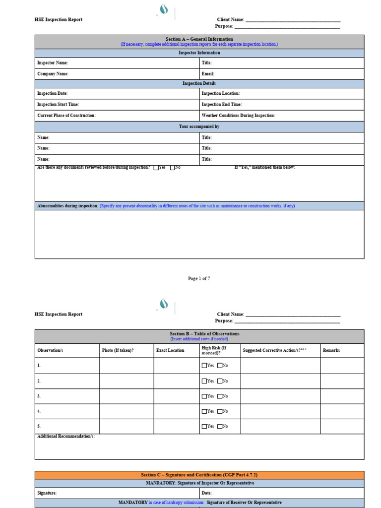 HSE Inspection Report - Template | PDF