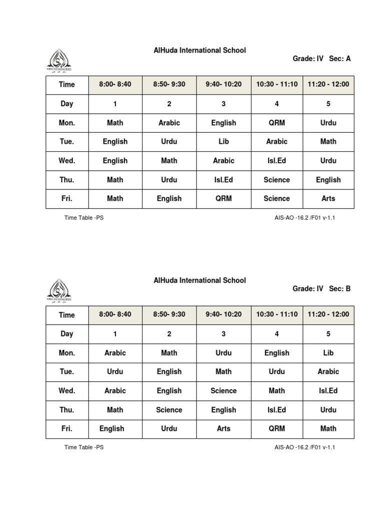 GIV-Time Table-Plan C | PDF | Urdu