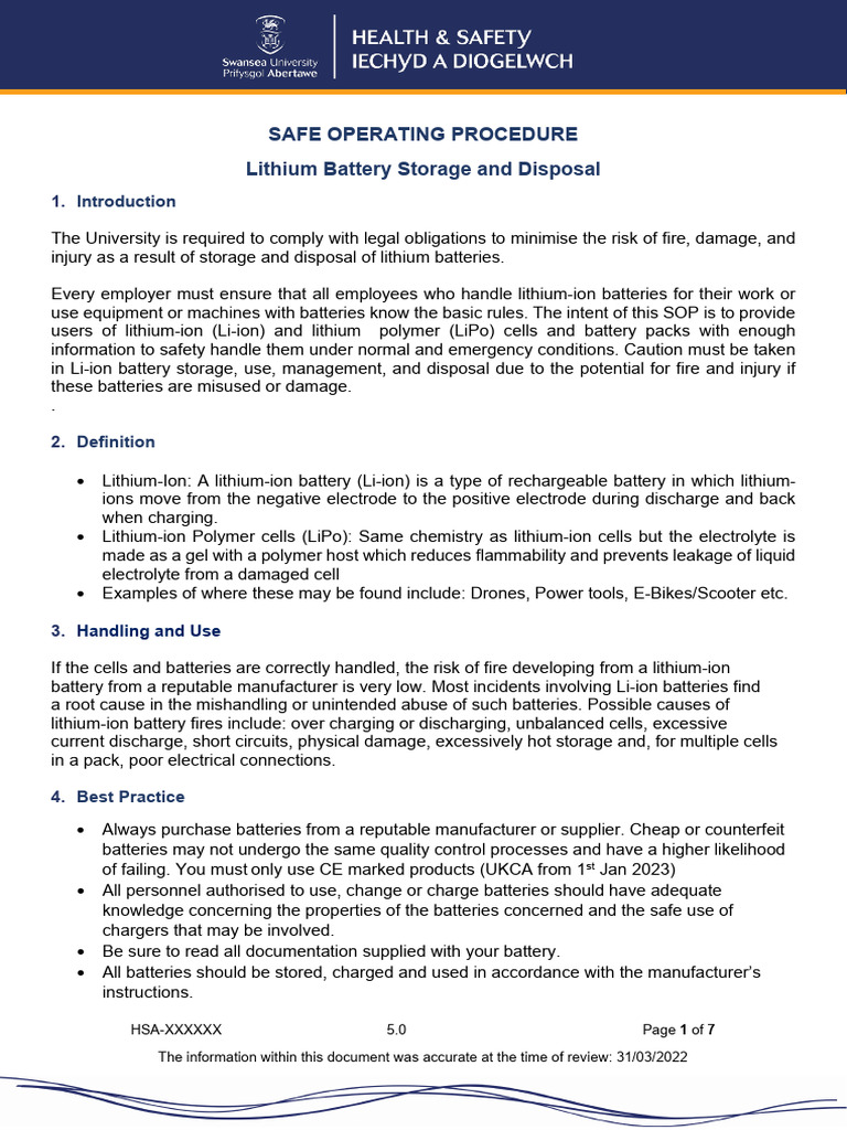 Lithium Battery Safety Procedures | PDF | Rechargeable Battery ...