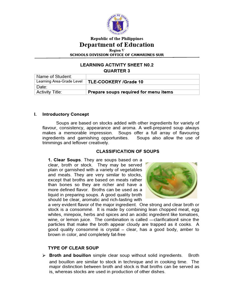 TLE HE Cookery-10 Quarter-3 LAS-2 | PDF | Soup | Stock (Food)
