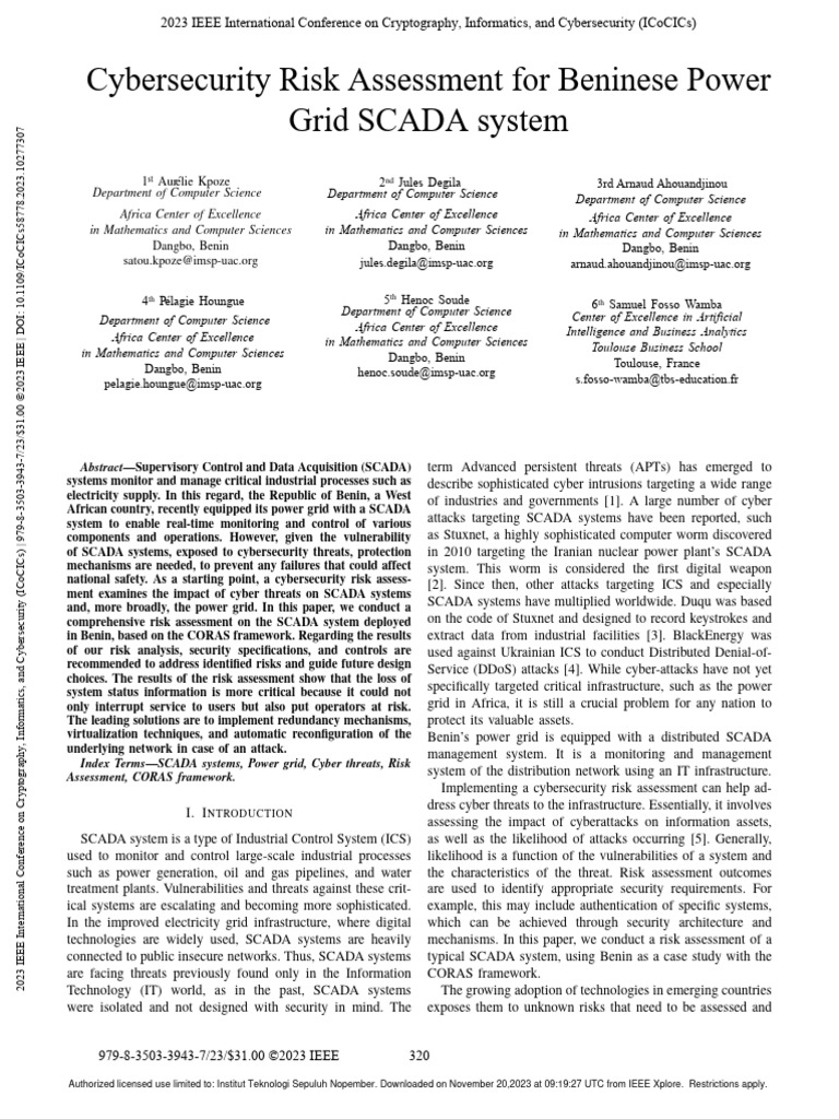 Cybersecurity Risk Assessment For Beninese Power Grid SCADA System ...